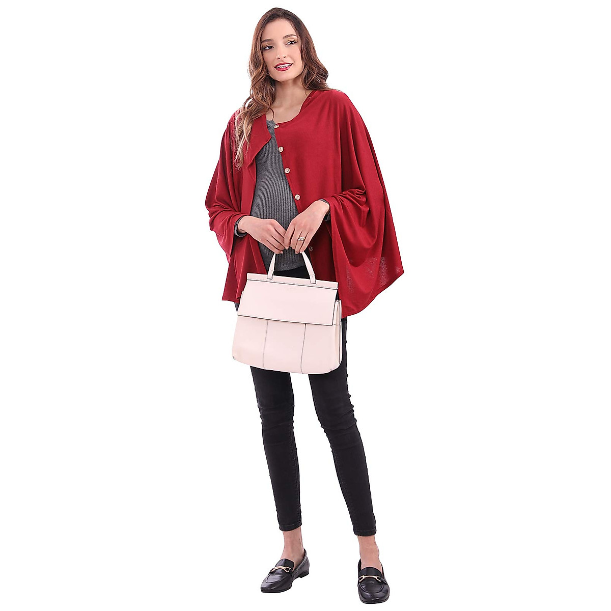 MissShorthair Women's Lightweight Knitted Scarf Poncho Sweater Cape Shawl Versatile Fall Winter Ponchos Wraps Red