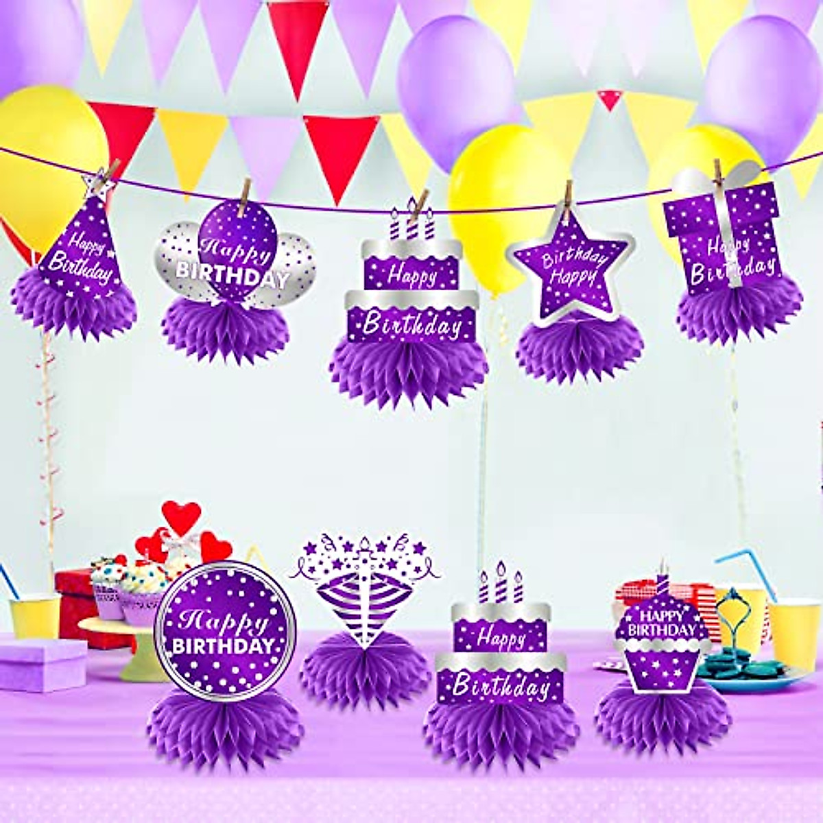 Kauayurk 8Pcs Purple Silver Happy Birthday Decorations Honeycomb Centerpieces for Women, Happy Birthday Table Topper Sign Party Supplies, 16th 21st 30th 40th 50th 60th Birthday Table Decor
