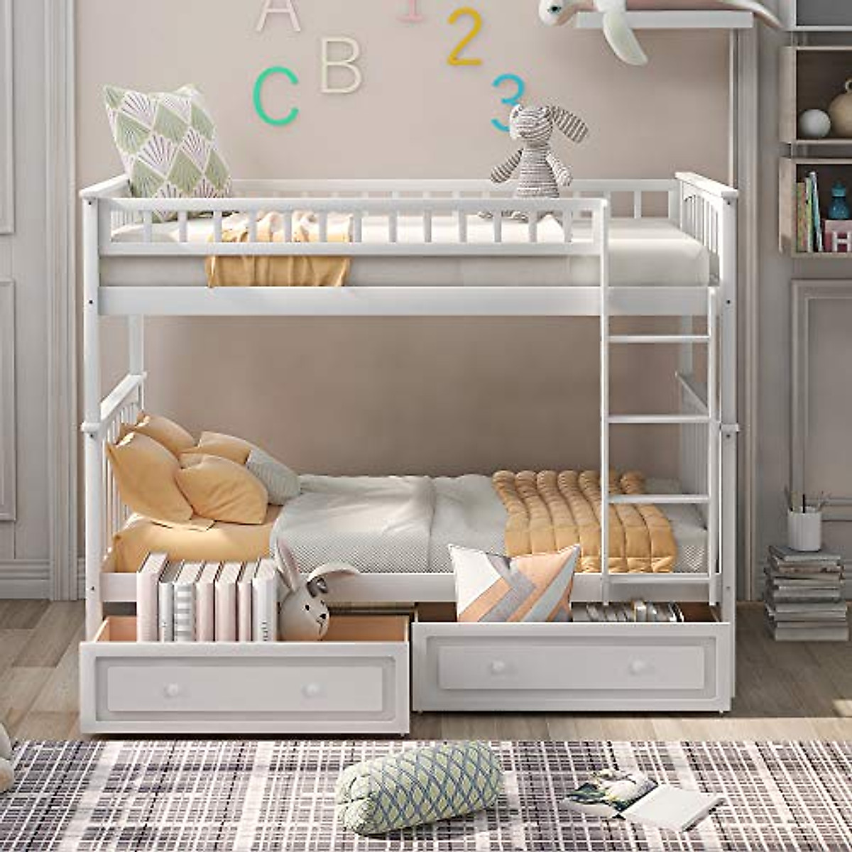 GLORHOME Twin Over Twin Wood Convertible Bunk Bed with Storage Drawers and Full Length Safety Guard Rails,Space Saving Bedroom Furniture, Can Be Converted into 2 Beds