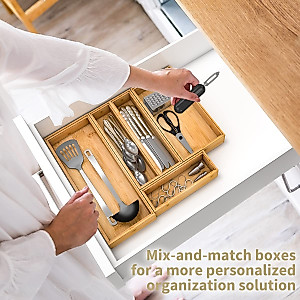 Bamboo Drawer Organizer Storage Box Kitchen - Wood Stackable Tray Set of 2 (12x3x2 inch）