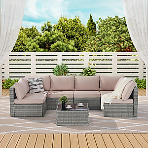 Voykuy 7-Piece Patio Sofa and Table Set - Hand Woven Rattan Outdoor Sofa Set Patio Conversation Set with Table & Cushions Porch Furniture for Garden, Poolside, Backyard, Patio, Backyard, Porch (Pink)