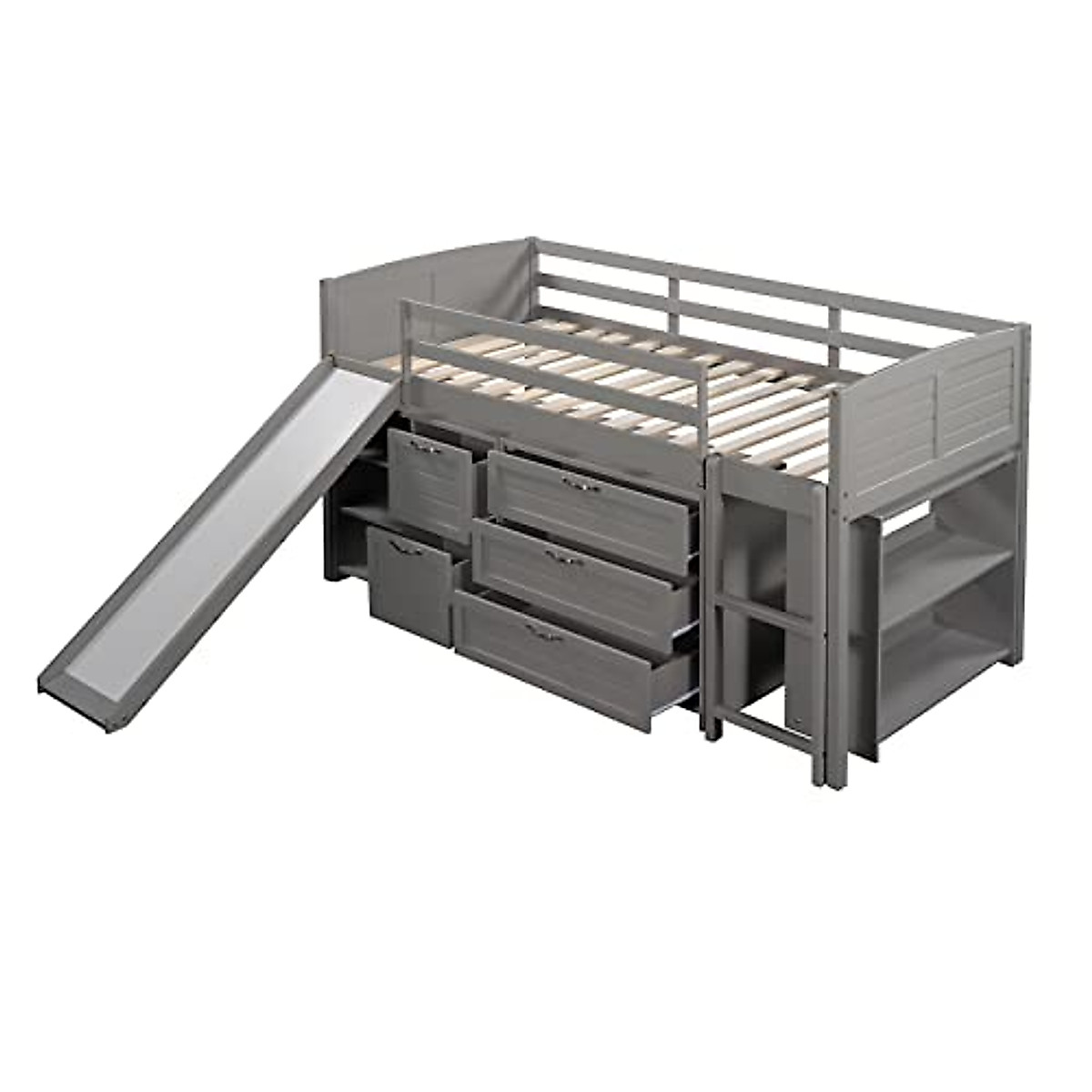 Low Loft Bed with Slide and Storage Twin Loft Bed Frame with Cabinet Drawers and Book Shelves, Wooden Loft Beds for Kids Boys Girls, Gray