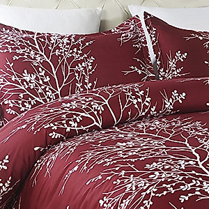 Vaulia Microfiber Duvet Cover Set, Tree Branch Printed Pattern Design - Burgundy Red, King Size 3 Piece Set (1 Duvet Cover 2 Pillow Shams)