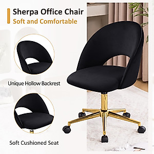 Furniliving Velvet Home Office Chair, Height Adjustable Swivel Vanity Chair with Wheels, Upholstered Desk Task Makeup Chair Computer Chair with Gold Metal Base Stool Chairs (Black)