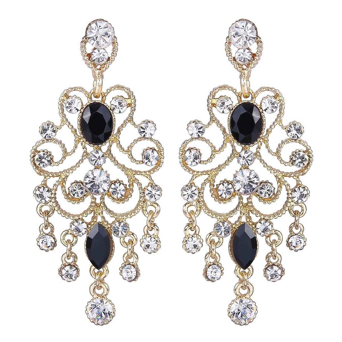 BriLove Wedding Bridal Dangle Earrings for Women Vintage Style Crystal Drop Hollow Filigree Chandelier Dangle Earrings Black Gold-Toned
