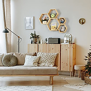 Floating Shelves Set of 5, Honey Comb Hexagon Floating Shelves Set, Hexagon Shelves for Wall, Wall Mounted Bamboo Farmhouse Storage for Bathroom, Kitchen, Bedroom, Living Room, Office(Natural Color)