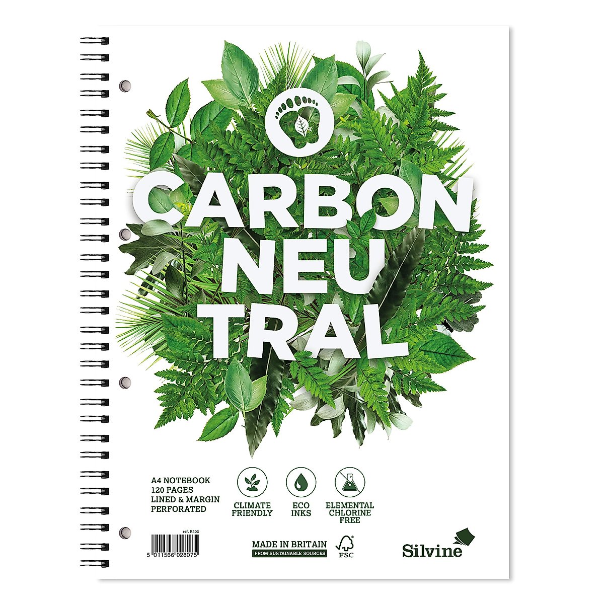 Silvine A4+ Carbon Neutral Wirebound Notebook - Lined with Margin, 120 Pages of Premium CO2 Neutral Paper. Ref R302 [Pack of 5], White
