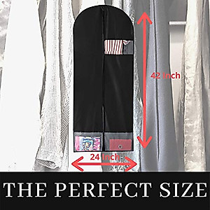 42 Inch Black Garment Bag Breathable for Suit Dress with Large Clear Window and Mesh Pockets