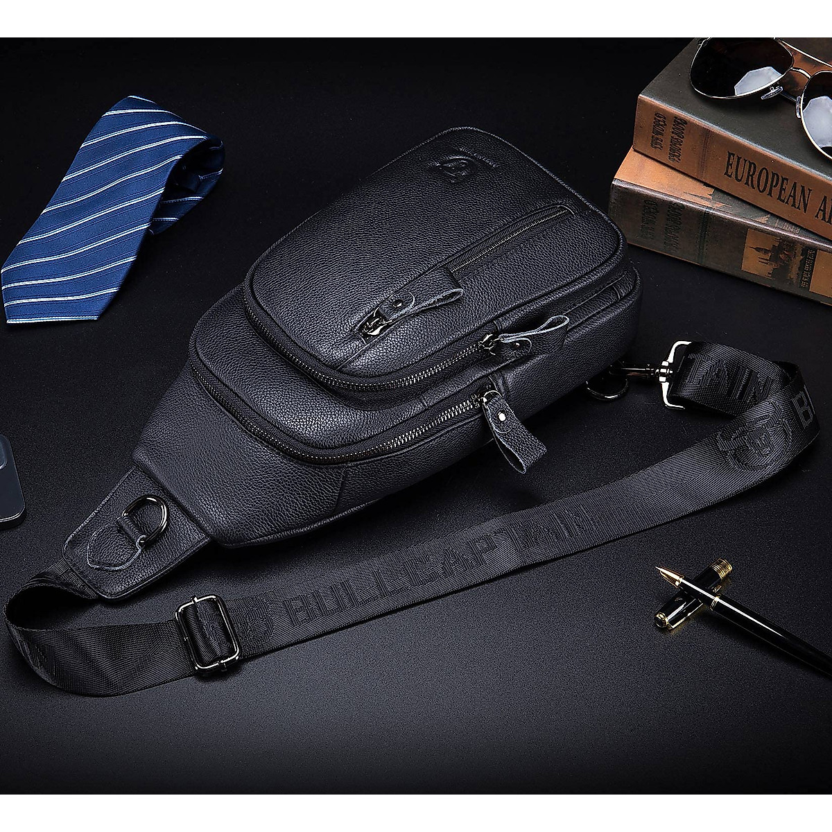 Genuine Leather Sling Bag Casual Chest Bag Travel Hiking Crossbody Shoulder Backpack Vintage Daypacks for Men&Women (Black)