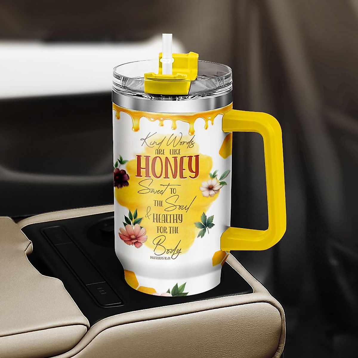 99WHALE Bee Gifts, Cute Queen Bee, Tumbler 40 Oz With Handle Lid And Straw, Yellow Keep Drinks Cold Hot, Yellow Handle Floral For Tumblers Cups Coffee Sunflower Flower Women