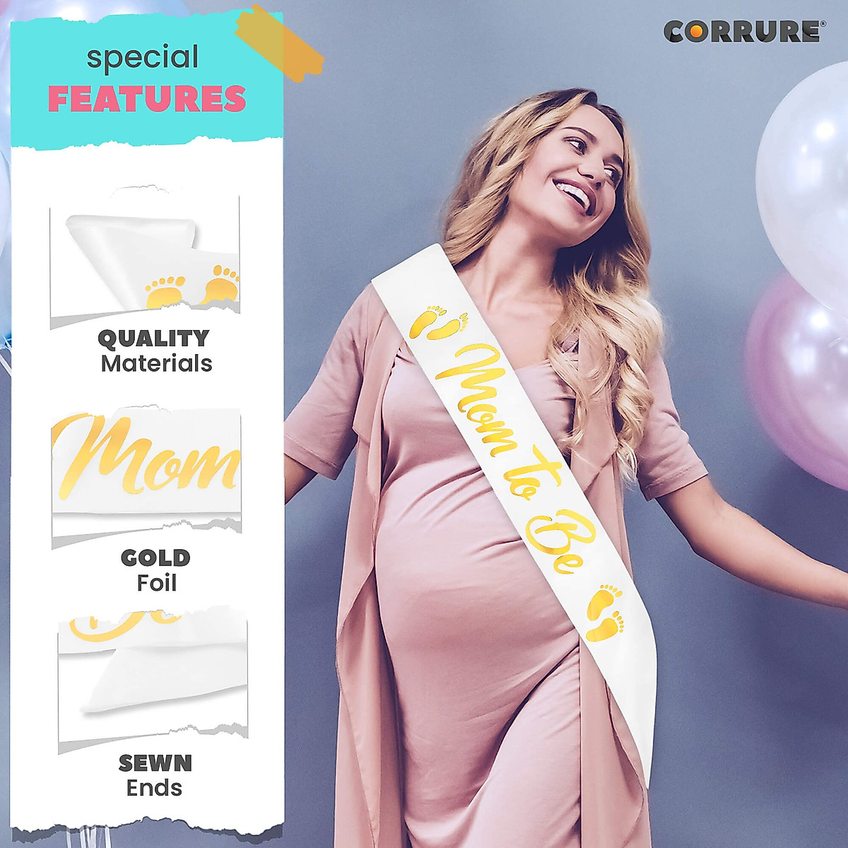 CORRURE Baby Shower Sash for Boy or Girl - 'Mom to Be' Sash With Beautiful White Ribbon and Gold Foil Text - Ideal Gender Reveal, Baby Shower, Welcome Baby, Mom to Be or Baby Sprinkle Gift