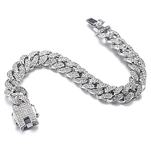 Halukakah Diamond Cuban Link Chain for Women 13.5MM Platinum White Gold Finish Bracelet 7",Full Cz Diamond Cut Prong Set,with Giftbox