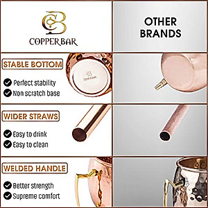 Copper-Bar Moscow Mule Copper Mugs - Set of 2-100% HANDCRAFTED Pure Solid Copper Mugs - 16 Oz, Gift Set + Cocktail Copper Straws, Copper Shot Glass & Copper Stirrer