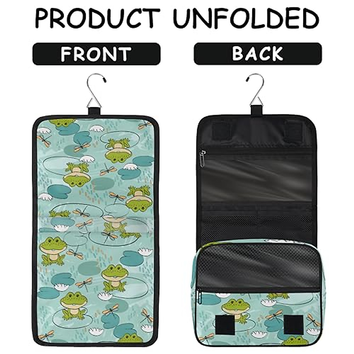 POFATO Frog Dragonfly Lotus Leaf Travel Toiletry Bag Cosmetic Makeup Bag for Women Men Hanging Hook Wash Toiletries Portable Toiletry Bags Organizer