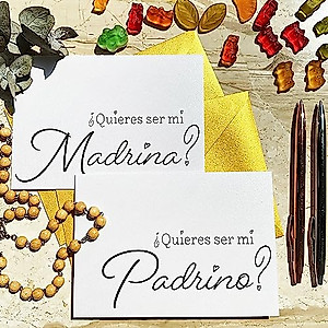 Spanish Will you be my Godparents Cards (Madrina & Padrino) - Godmother & Godfather Proposals in Black-and-White Lettering, with Golden Shimmer Envelopes (Set of 2 cards) (Madrina & Padrino)