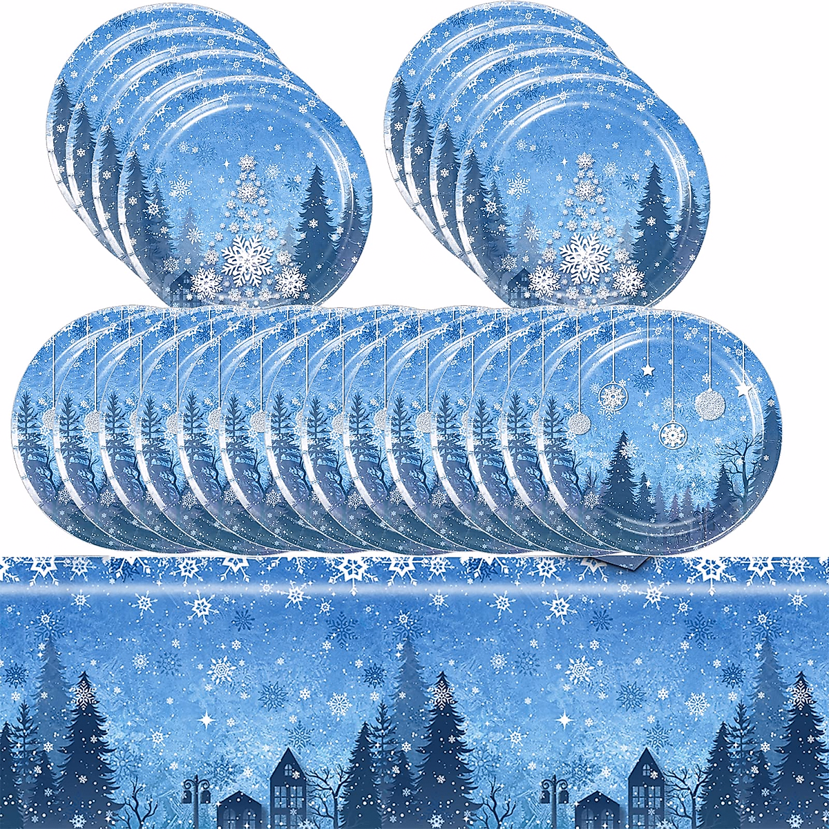 DragzwS Winter Snowflake Paper Dessert Plates Set, Kids Frozen Birthday Party Supplies Plates Snowflake Decorations 20 Guest Paper Dinner Plates, Napkins, Tablecover Snow Princess Party Decorations