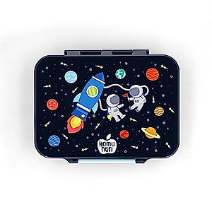 KOMUNURI LeakProof Bento Lunch Box for Kids, 4 or 5 Compartments, Microwave Safe, Dishwasher Safe, BPA Free, Lightweight, Kid Friendly Latch (Deep Blue - Space/Astronaut/Planets)