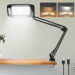 5X Magnifying Glass with Light and Stand, HAMOPY Magnifier Lamp with 2 Color Modes Stepless Dimmable, LED Magnifying Lamp with Clamp Light & Swivel Arm for Workbench Reading Repair Crafts