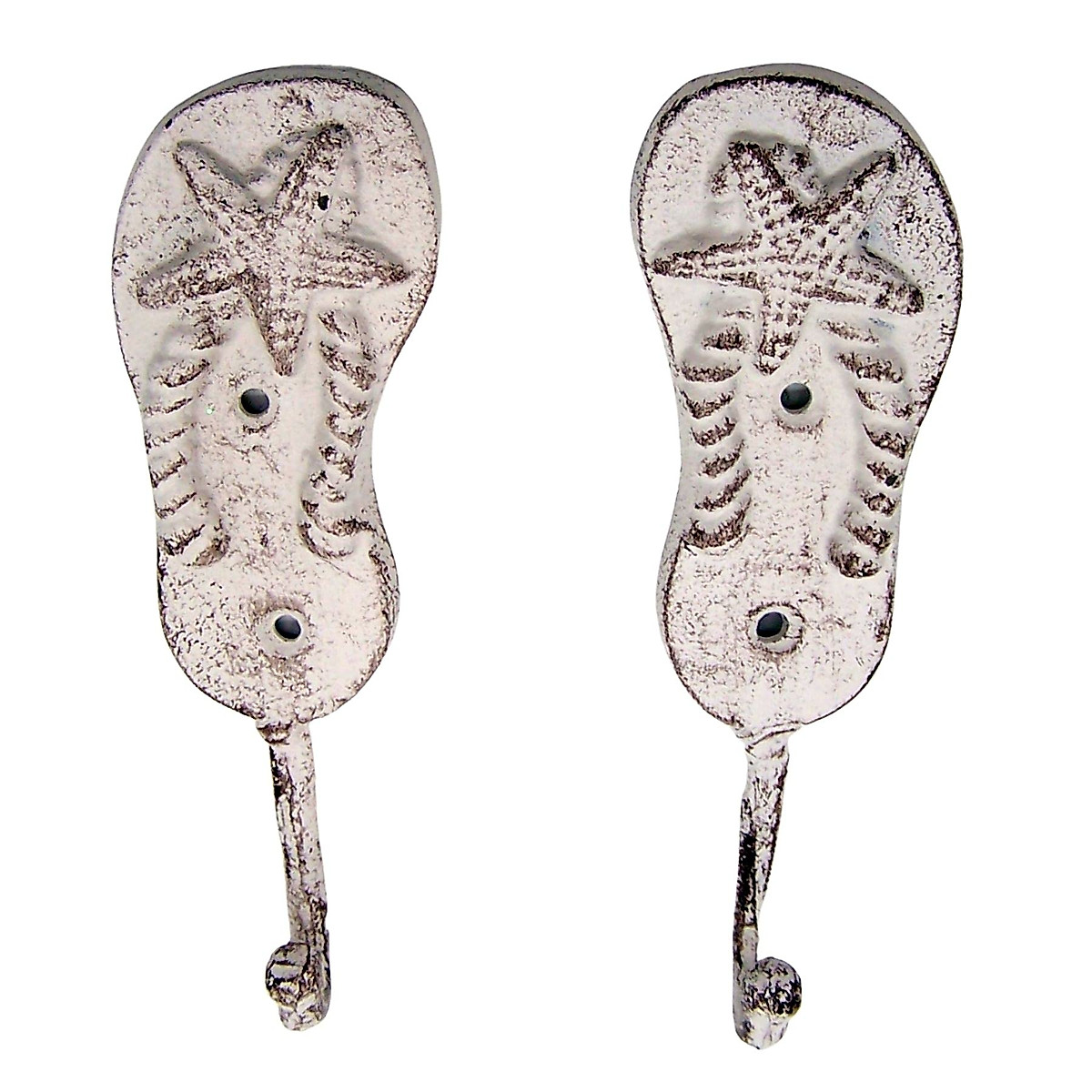 Cast Iron Pair of White Washed Flip Flop Wall Hooks, Beach Themed Décor, Set of 2, 6.5 Inches