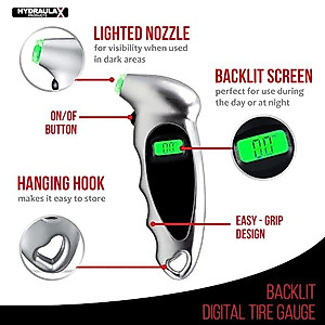 Digital Tire Pressure Gauge – Backlit Air Measurement Checker Tool for Bikes, Cars, Trucks - by Hydraulax