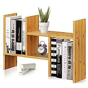 Pipishell Bamboo Desktop Shelf Organizer, Adjustable Shelves Storage Rack for Desk, Expandable Wooden Display Stand Shelf, Art Office Supplies Decor