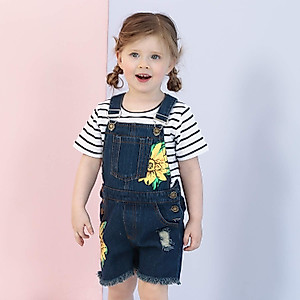 HINTINA Baby & Toddler Girls Big Bibs Overalls Ripped Hole Summer Sunflowers Jumpsuit Boyfriend Jeans Denim Romper Shortalls 2-3T