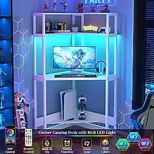 Cyclysio Mini Corner Desk with Hutch, Corner Gaming Desk with LED Light, Corner Computer Desk with Power Outlets, Triangle Corner Desk for Small Space, Home Office, Workstation, White