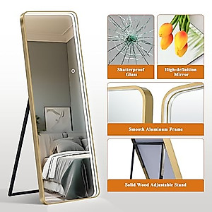 SDHYL Full Length Mirror with Lights, 64"x20" LED Mirror Full Length with Stand, Full Body Mirror with Touch Button and Plug, Dimmable Brightness Dressing Mirror for Living Room, Round Coner, Gold