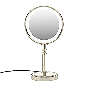 Conair Reflections Double-Sided LED Lighted Tabletop Mount Vanity Makeup Mirror, 1x/10x magnification, Satin Nickel