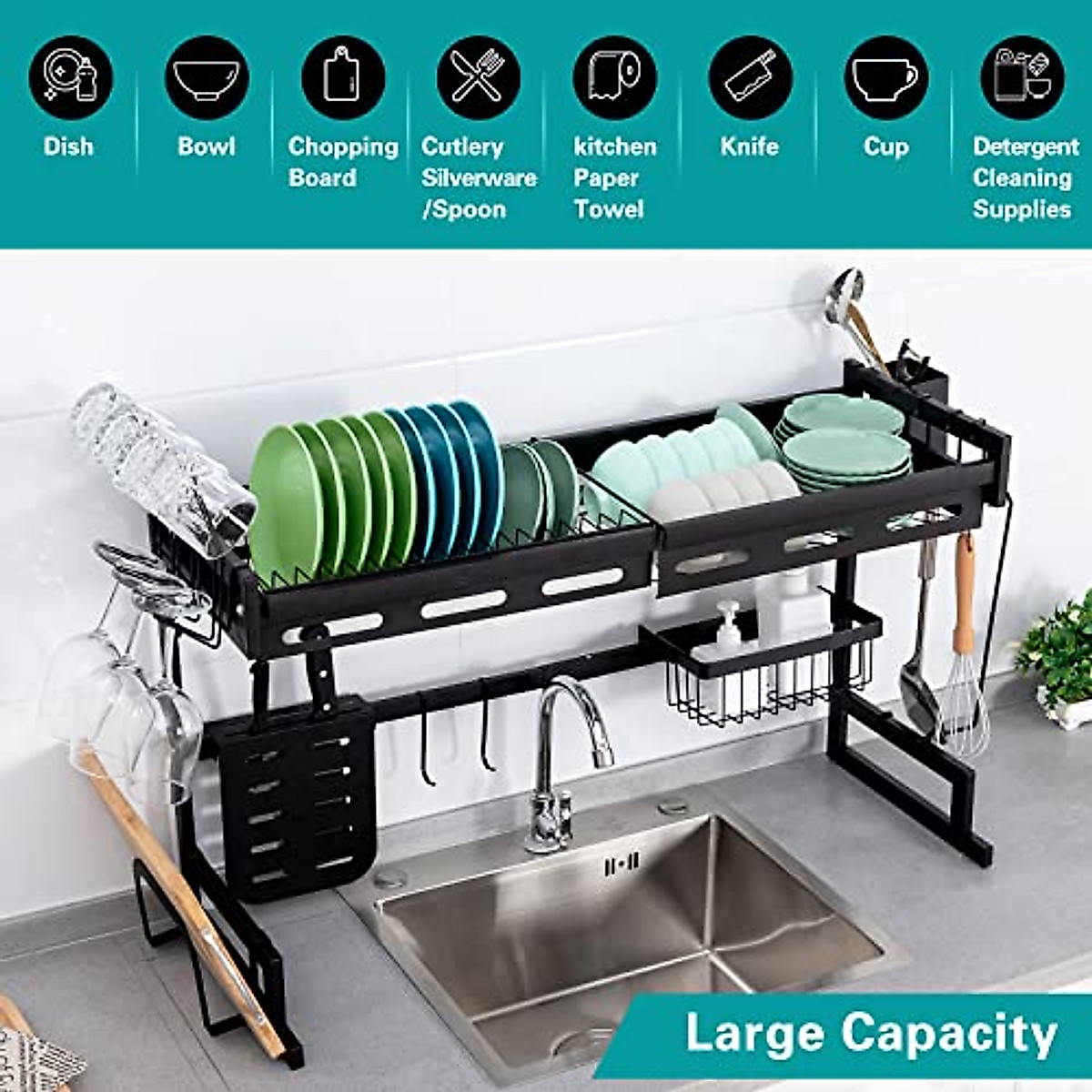 rotinyard Over The Sink Dish Rack, Adjustable (25.6”-33.8”) Dish Rack Over The Sink, Rust-Resistant 2-Tier Dish Drying Shelf Over The Counter for Kitchen Organizer, Space Saver, Black