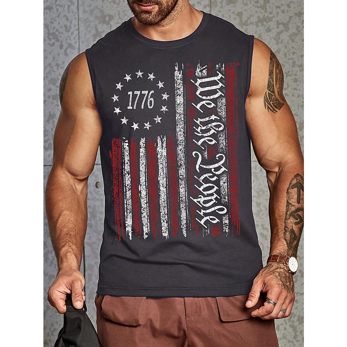 Heralady 4th of July Shirts Mens Muscle Tank Top 1776 Sleeveless Graphic Gym Workout USA Flag Shirt Grey XLarge