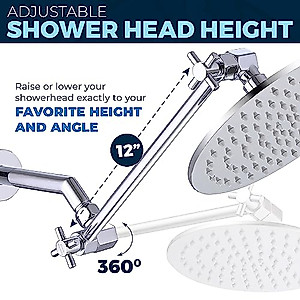 HammerHead Showers 12 Inch Long Adjustable Shower Arm — Feat. Shark Teeth, The Strongest Locking Joints of Any Shower Head Extension Arm — Metal Extender Raises Showerhead Height — Chrome