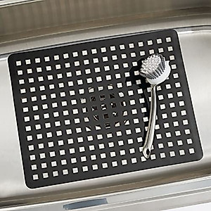 mDesign Decorative Kitchen Plastic Sink Protector Set, Quick Draining - Protect Surfaces and Dishes - Modern Slotted Design - Includes 1 Saddle, 2 Large Mats - Set of 3 - Black
