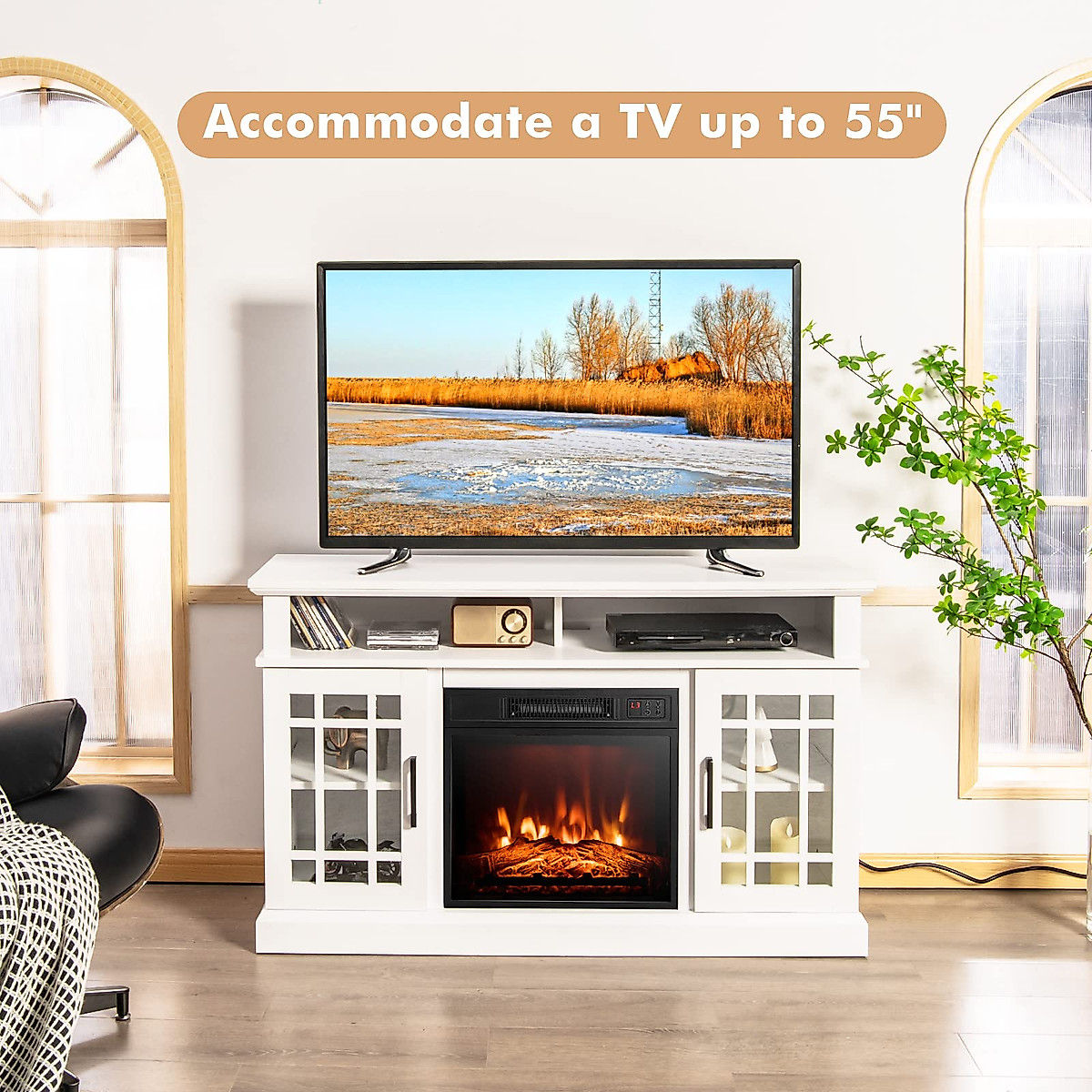 Tangkula Electric Fireplace TV Stand for TVs Up to 50 Inch, Fireplace Entertainment Center with Two Side Cabinets & Adjustable Shelves, Electric Heater with Overheat Protection, Remote Control (White)