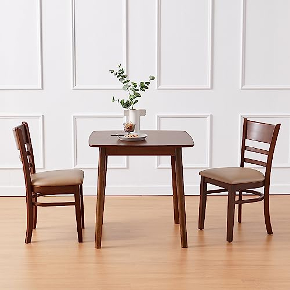 Livinia Cabin Dining Chair Set of 2, Solid Malaysian Oak PU Leather Upholstered Cushion Seat Wooden Ladder Back Side Chairs (Walnut) Assembly Required