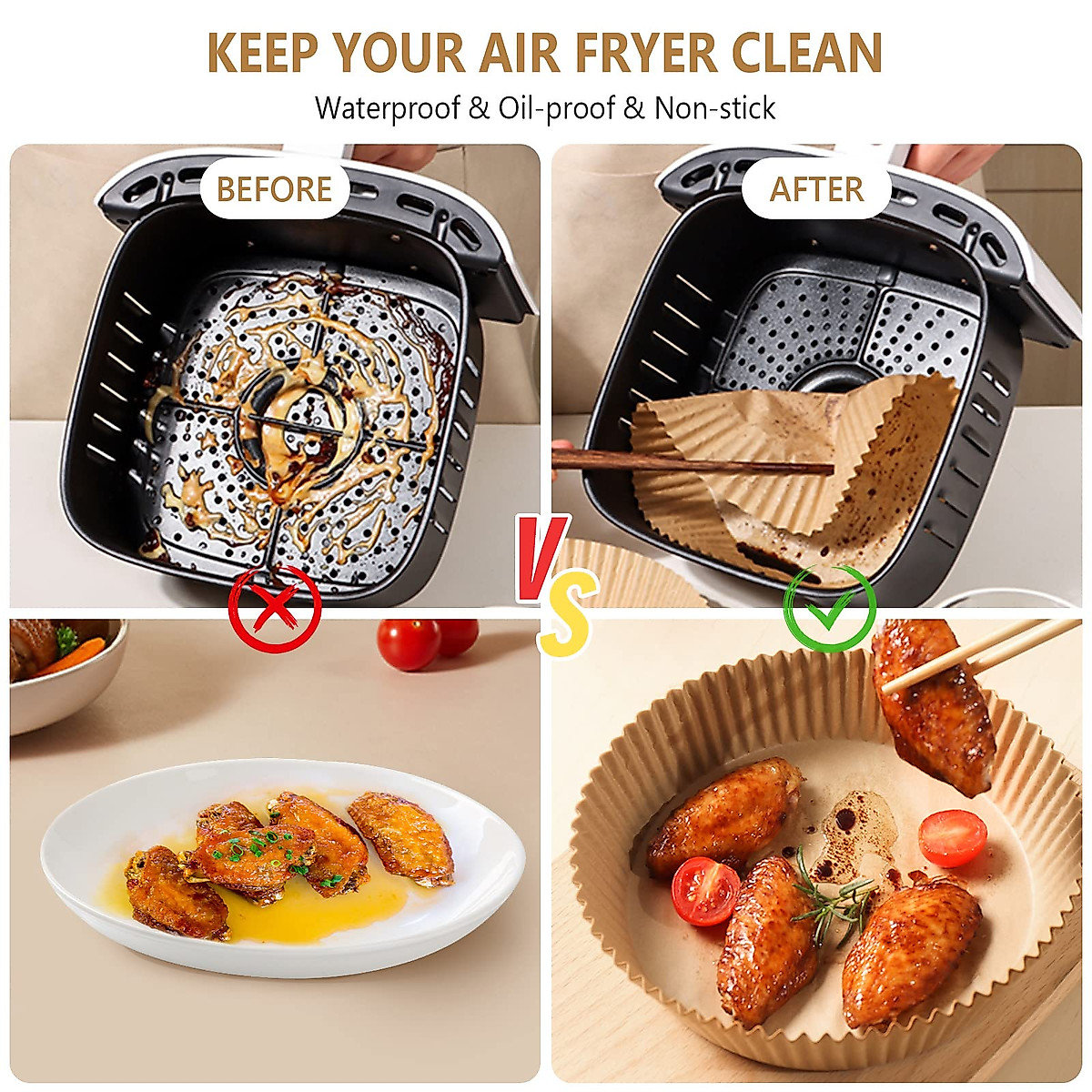 SUREHOME Air Fryer Liners Disposable, Air Fryer Disposable Paper Liner, 100Pcs Airfryer Liners 8 Inch Parchment Paper for Air Fryer Basket 5-8Qt Non-Stick Air Fryer Paper Liners Round Air Fryer Sheets