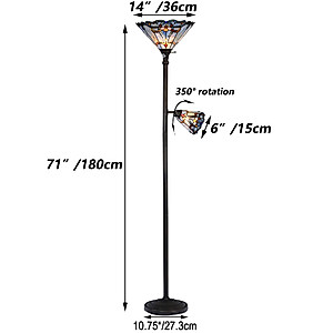 Bieye L10686 Baroque Tiffany Style Stained Glass Torchiere Floor Lamp with Sidelight for Reading Home Decor, 71-inch Tall
