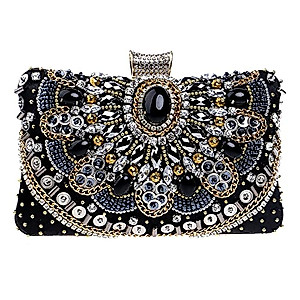 Small Beaded Clutch Purse Elegant Black Evening Bags Wedding Party Clutch Handbag Metal Chain Shoulder Bags