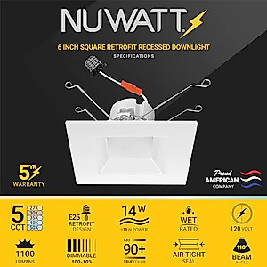 NUWATT 4 Pack, 5/6 Inch Retrofit LED Square Recessed Lighting, 5CCT 2700K/3000K/3500K/4000K/5000K Selectable, 1100 Lumens 14W, Dimmable 5/6" Square Downlight, 6in Square Can Light, Wet Rated, ETL, T24