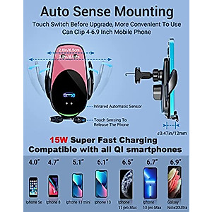 Wireless Car Charger Mount, 15W Qi Fast Charging Auto-Clamping Cell Phone Car Holder ​Air Vent Windshield (Pink)