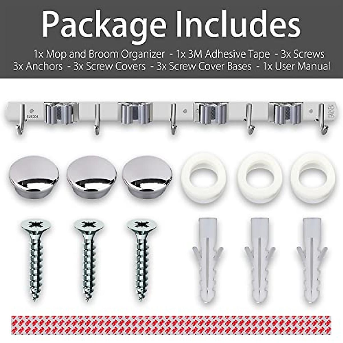 Garnen Mop and Broom Organizer (4 Racks 5 Hooks), Heavy Duty Broom Wall Mount Rake Holder Stainless Steel Tool Hanger for Home, Kitchen, Garage, Garden, Laundry Room, Bathroom Organization and Storage