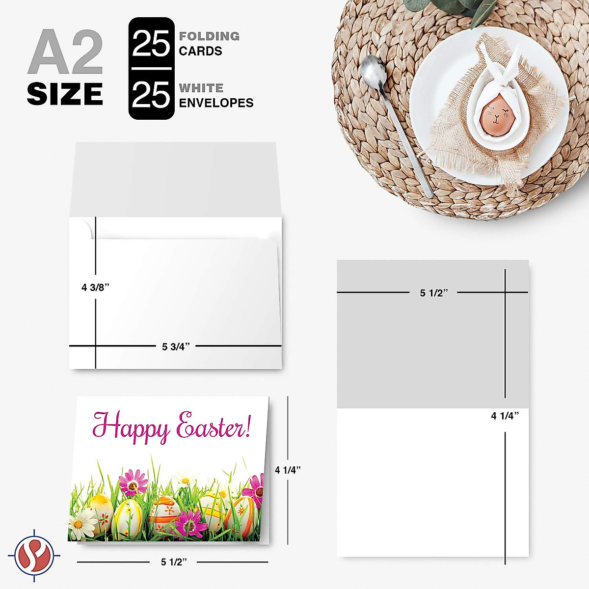 Happy Easter, Bulk Fold Over Greeting Cards for Invitations, Gifts & Presents, Thank You Notes and Announcements – Blank Inside | 4.25 x 5.5” (A2 Size) | 25 Cards and 25 Envelopes