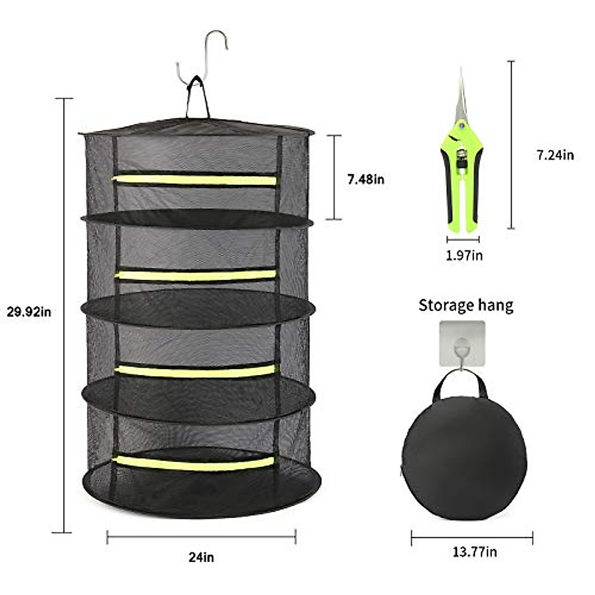 MVIFDUSGS Herb Drying Rack Net 4 Layer Black Mesh Drying Rack Hanging Drying net with Pruning Shears for Hydroponics (D24xH29.92inch)
