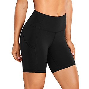 CRZ YOGA Women's Naked Feeling Light Running Shorts 6 Inches - High Waisted Gym Biker Compression Shorts with Pockets Black Medium
