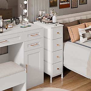 Fixwal Narrow Storage Cabinet, Narrow Nightstand Dresser with 4 Drawers, Slim Fabric Dresser Storage Tower for Small Spaces, White Dresser, for Bedroom, Bathroom, Living Room, Laundry, Closet