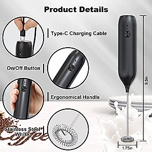 Rechargeable Milk Frother Handheld Electric Whisk Beater Foam Maker, Durable Mini Drink Mixer and Coffee Blender Frother for Coffee, Latte, Cappuccino, Frappe, Matcha, Hot Chocolate, Egg (Black)