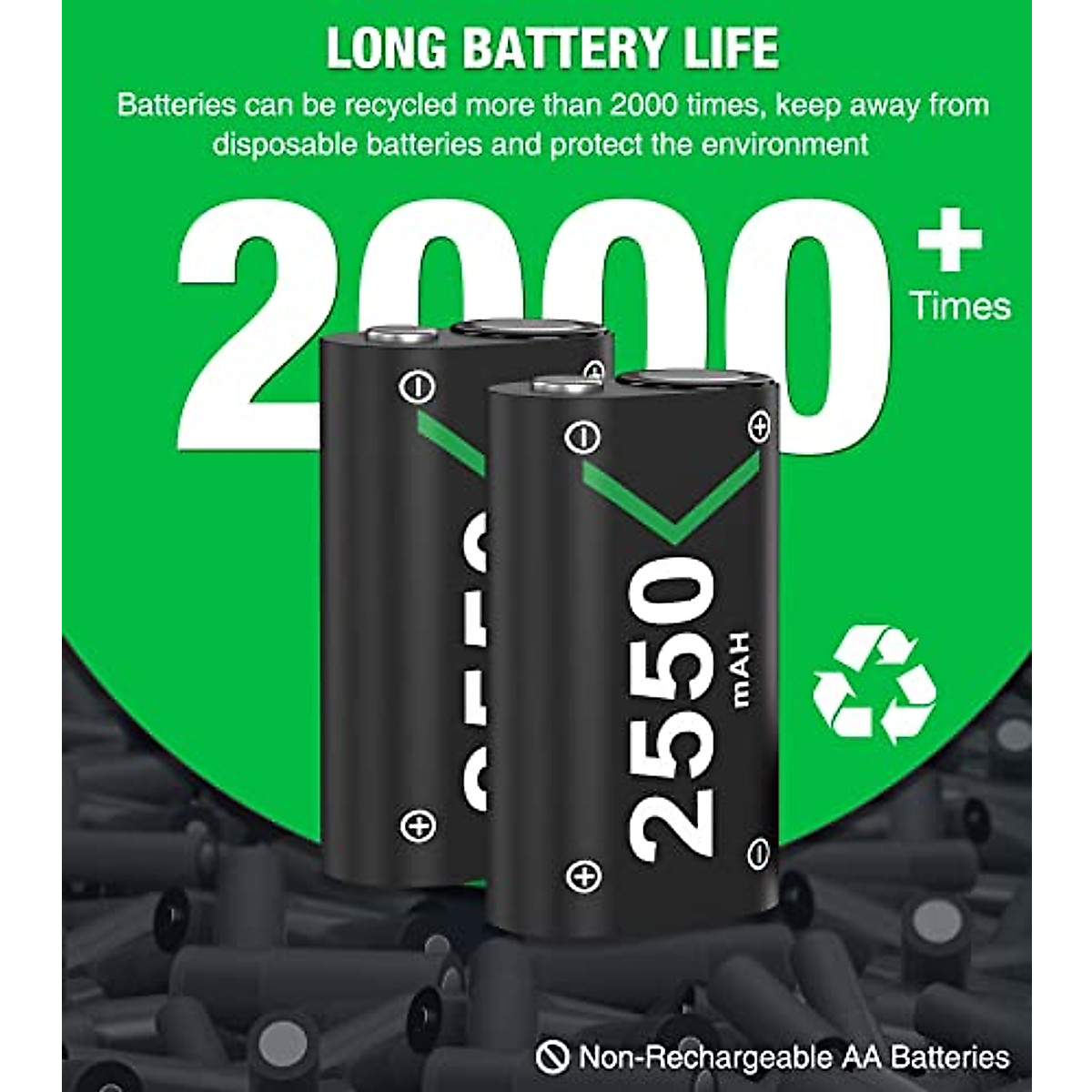 Mocagen Rechargeable Battery Pack for Xbox One/Xbox Series X|S Controller Battery, 2 X 2550mAh One S/Xbox X/Xbox Elite Batteries, 2 Pack-Green (Q08S-MG-US)
