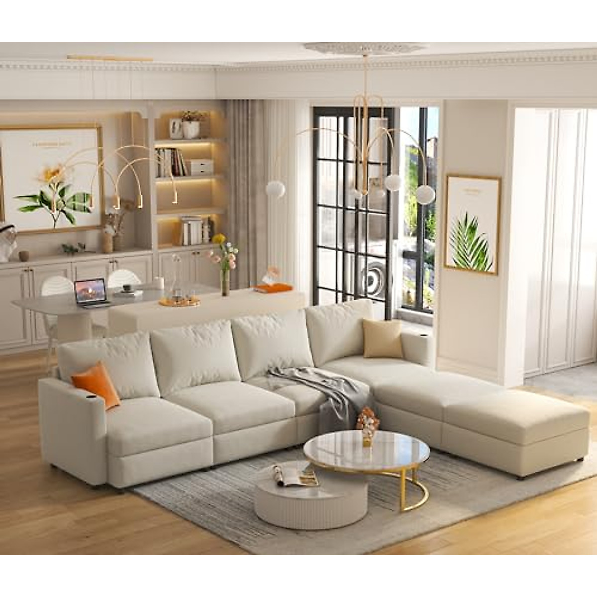 Free Combination Convertible Modular Sectional Sofa with Movable Ottomans and Storage, Oversized Symmetrical U Shaped Reversible Corner Couch with Cupholders, 6 Seat Sofa&Couch Bed for Living Room