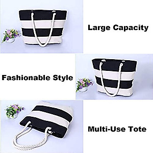 Muka Women Striped Canvas Tote Shoulder Beach Bag with Inner Zipper Pocket and Rope Handle for Travel, Shopping-Red/White