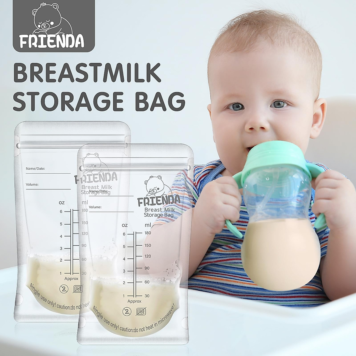 Frienda 500 Count Breastmilk Storage Bags 6 oz Breast Milk Bags for Freezing Self Standing Breast Milk Storing Bags for Breastmilk Leak Proof Double Zipper Seal Breastfeeding Storage Container